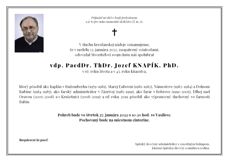 ZOMREL KŇAZ SPIŠSKEJ DIECÉZY VDP. JOZEF KNAPÍK – Rímskokatolícka cirkev